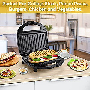 MONXOOK Electric Panini Press, 750W Sandwich Press, Non-Stick Coated Plates 8.46INx4.92IN, Panini Press Sandwich Maker with Indicator Lights, Cool Touch Handle, Black