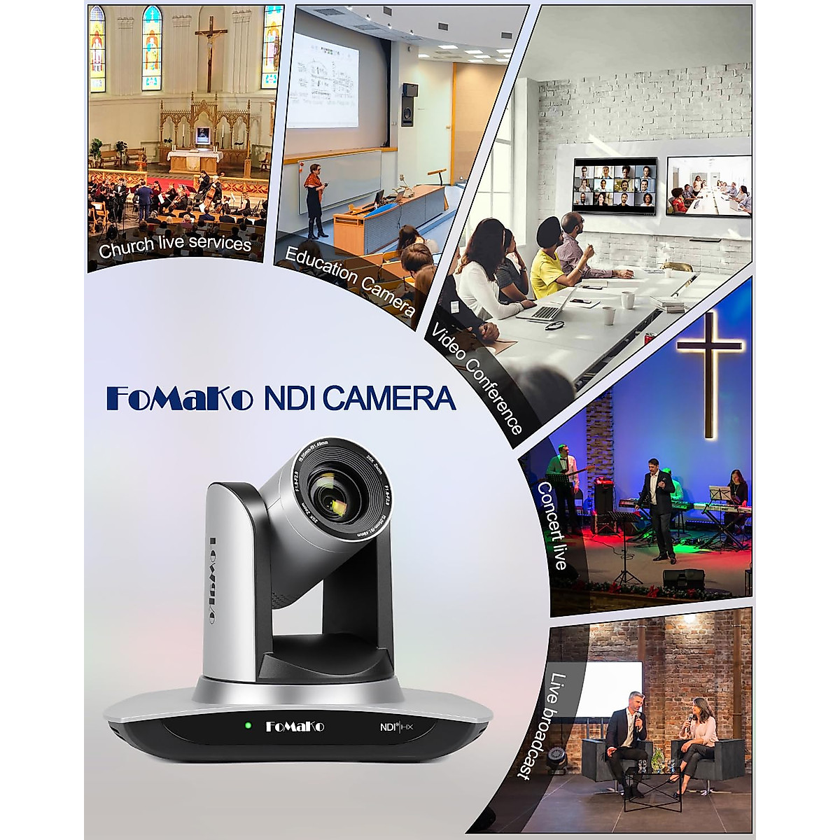 FoMaKo NDI Camera, AI Auto Tracking HDMI PTZ Camera, 20x Optical Zoom LAN USB3.0 HDMI Camera for Church Services Worship Education, PoE 1080P60 FMK20UH NDI (NDI 6 & NDI HX3 Certified)