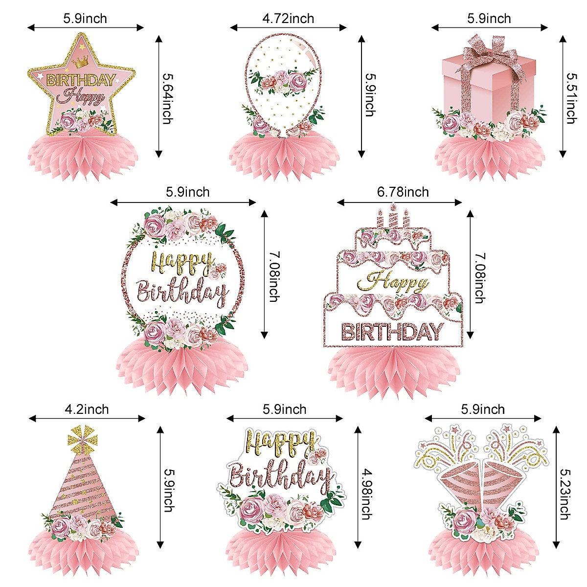 Aodocuto Pink Rose Gold Birthday Decorations Floral Honeycomb Centerpieces for Women Girls, 8pcs Floral Birthday Table Centerpieces Party Supplies, 16th 18th 21th 30th 40th 50th 60th Bday Table Topper