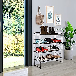 REGILLER 4-Tier Stackable Shoe Rack, Expandable & Adjustable Shoe Organizer Storage Shelf, High Capacity, Wire Grid, Black