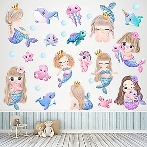 Pinenjoy Cute Mermaid Princess Wall Decal Cartoon Marine Life with Little Bubble Wall Stickers 42x42inch Removable Self-Adhesive Vinyl Wall Clings for Children's Bedroom Nursery Door Decorarion