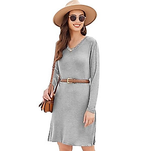 Ekouaer Womens Nightgowns Long Sleeve Ladies Night Shirt V Neck Loungewear Soft Sleep Dress Grey