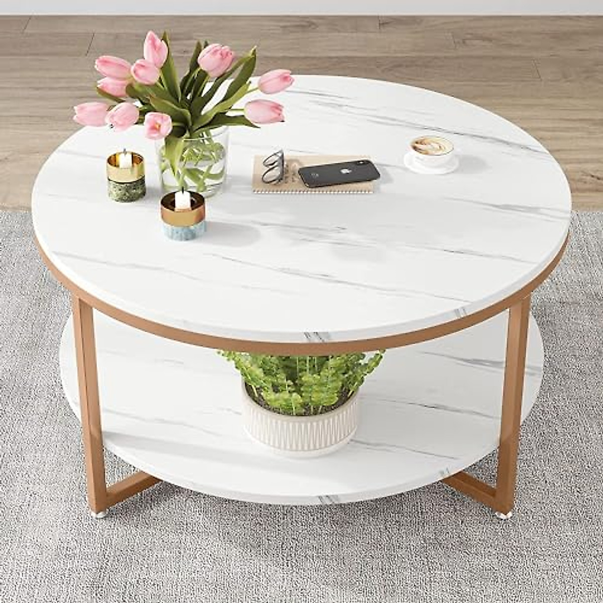 Two-Tier Round Marble Modern Coffee Table with Metal Legs and Open Storage Shelf for Living Room White Gold Contemporary MDF Wood Finish Water Resistant