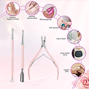 Makartt Cuticle Trimmer with Cuticle Pusher, 3 PCS Pink Nail Cuticle Nipper Professional Pedicure Manicure Tools with Stainless Steel Dual End Pusher, Nail Scraper