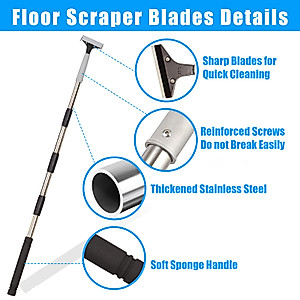Frebuta Floor Scrapers Long Handle ,16 to 61In Heavy Duty 4 inch Razor Blade Floor Scraper with10PC Floor Blades Sponge Handle Stainless Steel Tube Quick and Easy Removal Price Stickers Tile Scraper