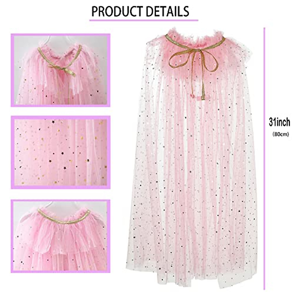 COMMINY Princess Cape Set Princess Dress Up Birthday Party Accessories Pink Cloak with Tiara Crown Mace Wig Gloves Necklace Presents for Kids Little Girls