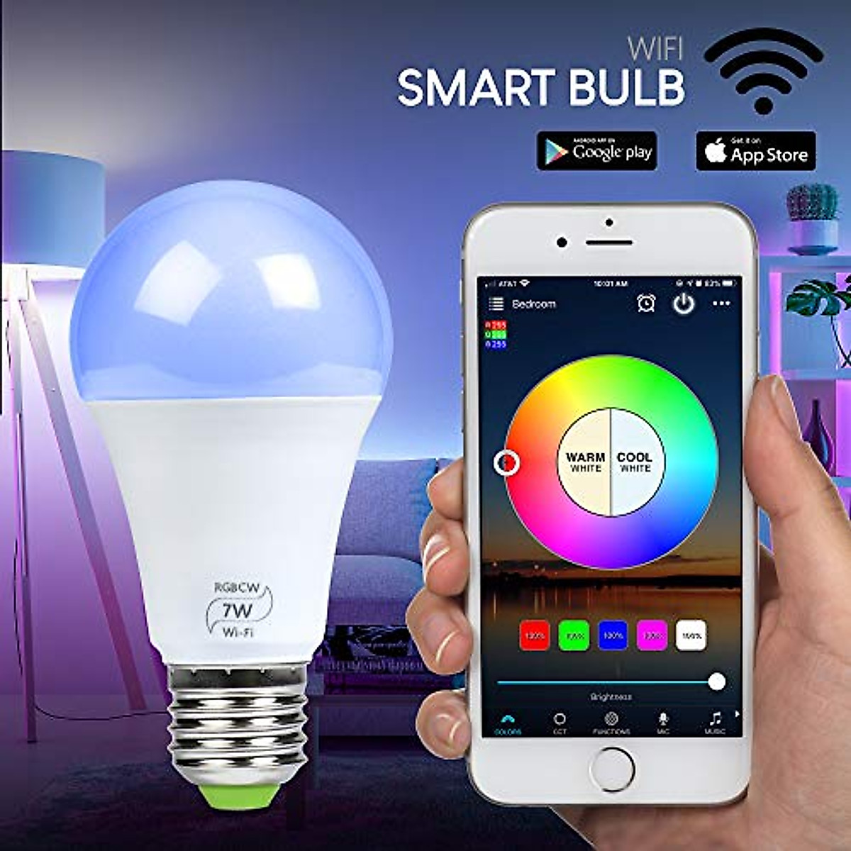 Flux WiFi Smart LED Light Bulb - Compatible with Alexa, Google Home Assistant & IFTTT - Smartphone Controlled Multicolored Color Changing Lights - Sunrise Wake Up Light & Dimmable Night Light