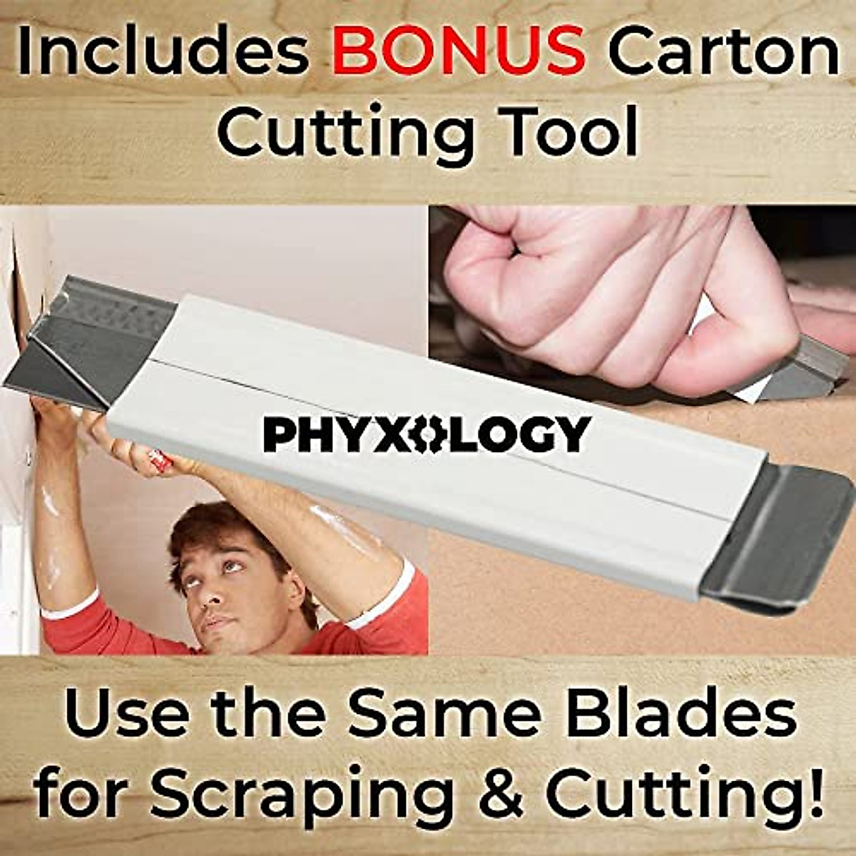 Ultra Sharp, USA-Made Steel Razor Scraper Blades Bulk 100 Pack by Phyxology Supply with Cardboard Carton Cutter Tool! Strong Single Edge 1.5 in Blade for Scrapers and Cutting Tools in a Safe Reclosable Box