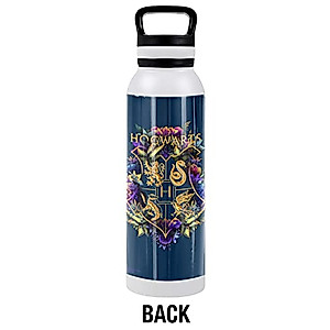 Harry Potter OFFICIAL Hogwarts Multi-Colored Floral Crest 24 oz Insulated Canteen Water Bottle, Leak Resistant, Vacuum Insulated Stainless Steel with Loop Cap, White
