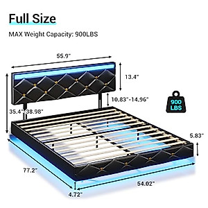 DICTAC Floating Bed Frame Full Size with Headboard and Charging Ports Modern Visual Full Floating Bed with Led Lights Black Faux Leather Upholstered Platform LED Full Bed Frame,No Box Spring Needed