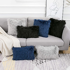 WLNUI Set of 2 Black Decorative Pillow Covers New Luxury Series Merino Style Faux Fur Fluffy Throw Pillow Covers Square Fuzzy Cushion Case 18x18 Inch