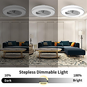 Ceiling Fan with Lights Remote Control,Dimmable Fan Lighting, 20'' Enclosed Bladeless Fan, Semi Flush Mount,2.4GHz Wi-Fi Bluetooth & App Controlled Works with Alexa and Google Assistant (Matte White)