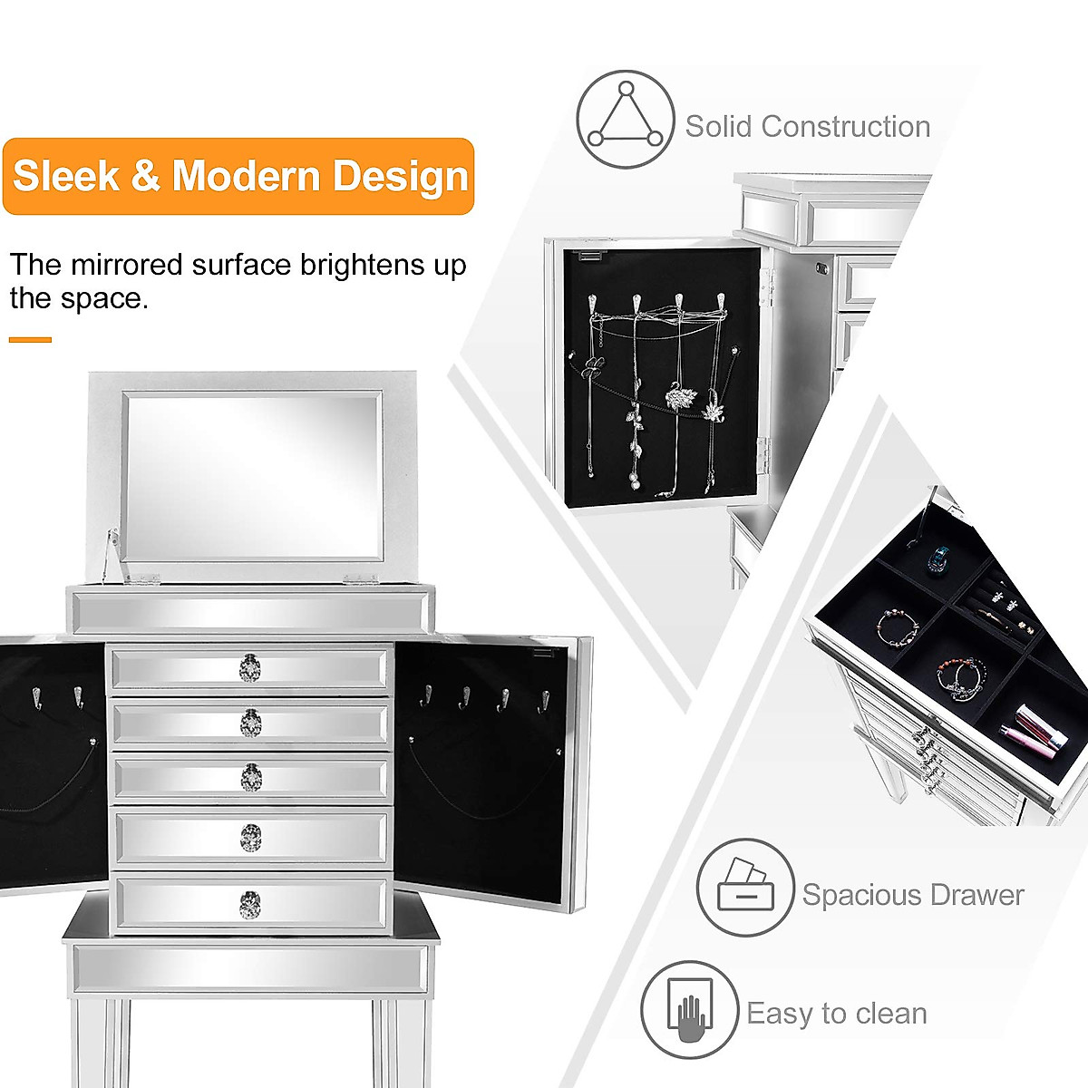 VINGLI Mirrored Jewelry Armoire, Mirror Jewelry Cabinet Standing with 6 Drawers & 2 Side Doors, Jewelry Armoire Cabinet, Standing Jewelry Box, Mirrored Jewelry Chest, Standing Jewelry Box, Silver