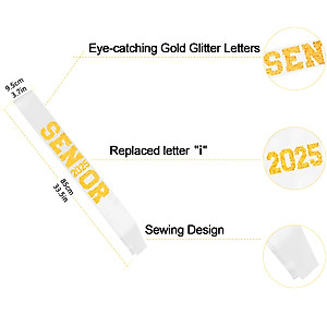 6Pcs White Senior 2025 Satin Sashes with Gold Glitter Letters Senior 2025 Decorations - 2025 Graduation Celebrations Sashes - Senior Cheer Sash - Cheerleader Sash - Class Competition Sashes