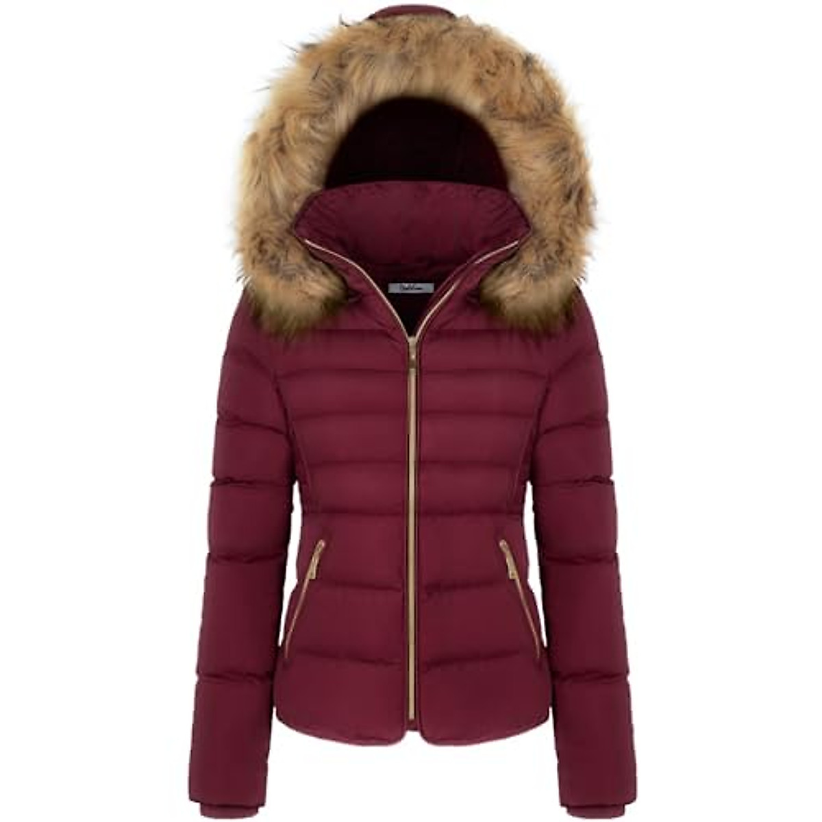 BodiLove Women's Winter Quilted Puffer Short Coat Jacket with Removable Faux Fur Hood and Zipper Burgundy L