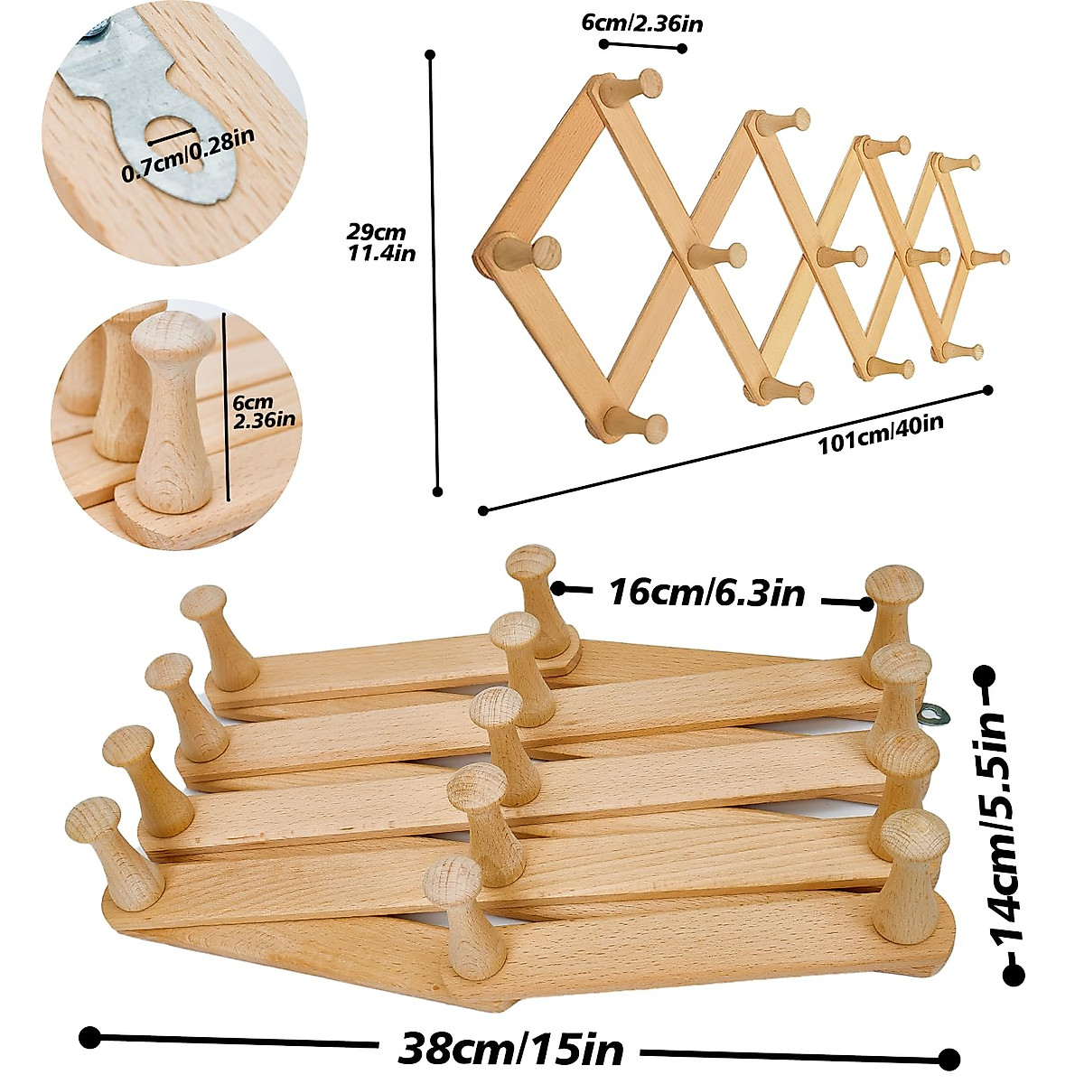 wekiweyi Expandable Accordion Wall Rack – 13 Hook Wooden Coat & Hat Rack, Multi-Functional Beech Wood Hanger for Hats, Coats, Coffee Mugs, and More, Rustic Natural Finish