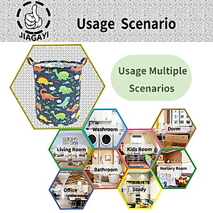 Foldable Laundry Hamper - JIAGAYI Large Round Waterproof Organizer with Handles,Home Storage,Room Toys Books Bin,Bedroom Clothes Nursery Basket.（Blue Dinosaurs）