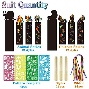 64PCS Animal Scratch Bookmarks Set, DIY Rainbow Scratch Bookmarks with Painting Templates, Wood Sticks and Colored Ribbons for Kids Party Birthday Gifts Teacher Supplies Kids Classroom School Supplies