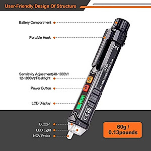 Non-Contact AC Voltage Tester with Adjustable Sensitivity, LCD Display