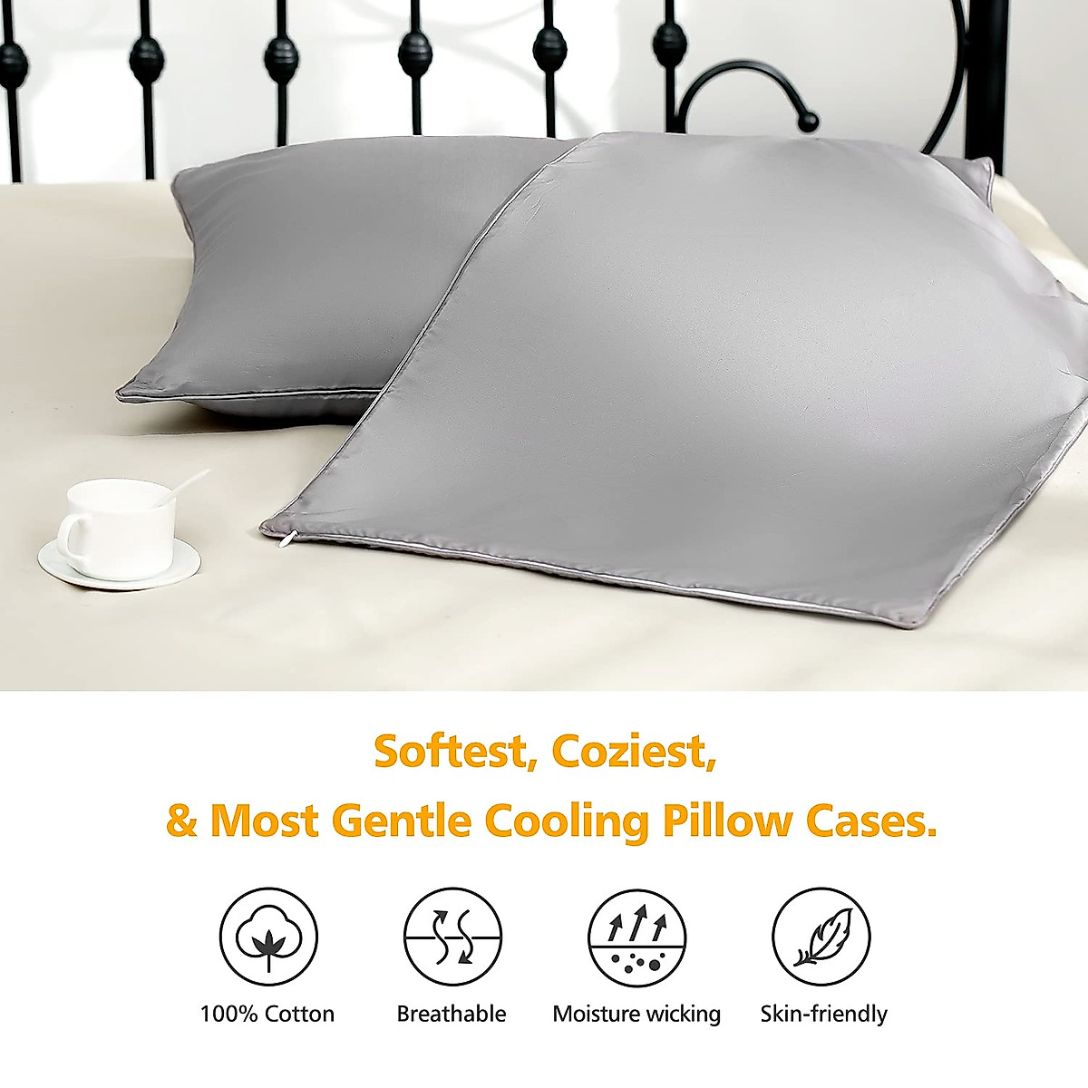 Bedemu King Size Pillow Cases Set of 2-Grey Cotton Zipper Pillow Cases with Zippered Hidden, Ultra Soft Pillow Covers with Piping for Easy Care, 600 Thread Count & Breathable Pillow Case, 20”x36”, 2P