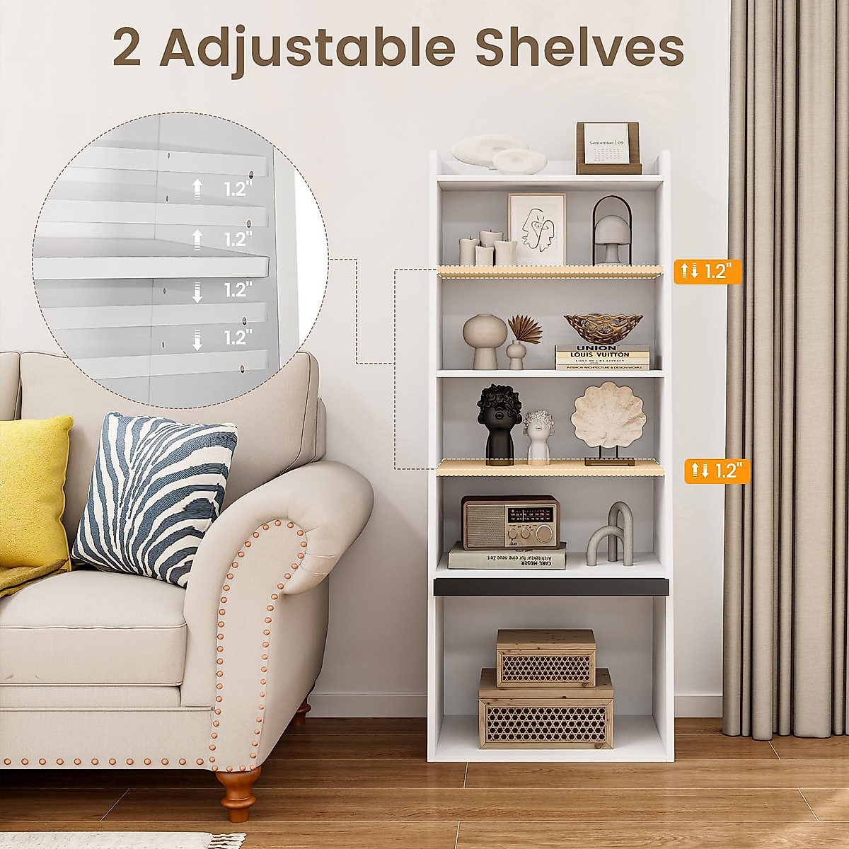 Giantex 6-Tier Bookcase, Freestanding Ladder Bookshelf with 2 Adjustable Shelves & Flip Up Door, Multifunctional Display Stand with Anti-Tipping Kit for Living Room Bedroom Home Office, White