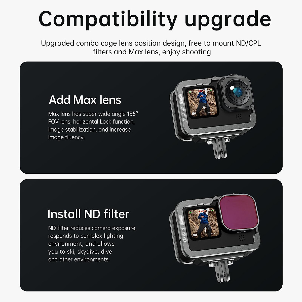 TELESIN Aluminum Case Metal Cage Protective Frame Housing for GoPro Hero 12 11 10 9 Black, Fits for Go Pro When ND CPL Lens Filter Max Lens Mount on, with Cold Shoe Connect to Video Light Microphone