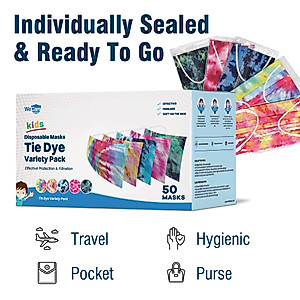 WECARE Kids Disposable Face Masks, 50 Asstd Tie Dye Masks, Individually Wrapped
