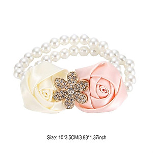 AUNMAS 2pcs Wedding Wrist Corsage, Girl Bridesmaid Groomsmen Hand Flower Faux Pearl Bead Corsage, Flower Bracelet Wedding Prom Party Decorations (White+)