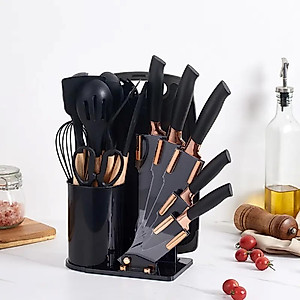 Kitchen Cooking Utensils Set, 19 pcs Non-Stick Silicone Cooking Utensils and Knife Sets with Holder,Ultra sharp Chef knives, Scissors and Cutting Board,Heat Resistant,Turner, Spatula,Wooden Handle