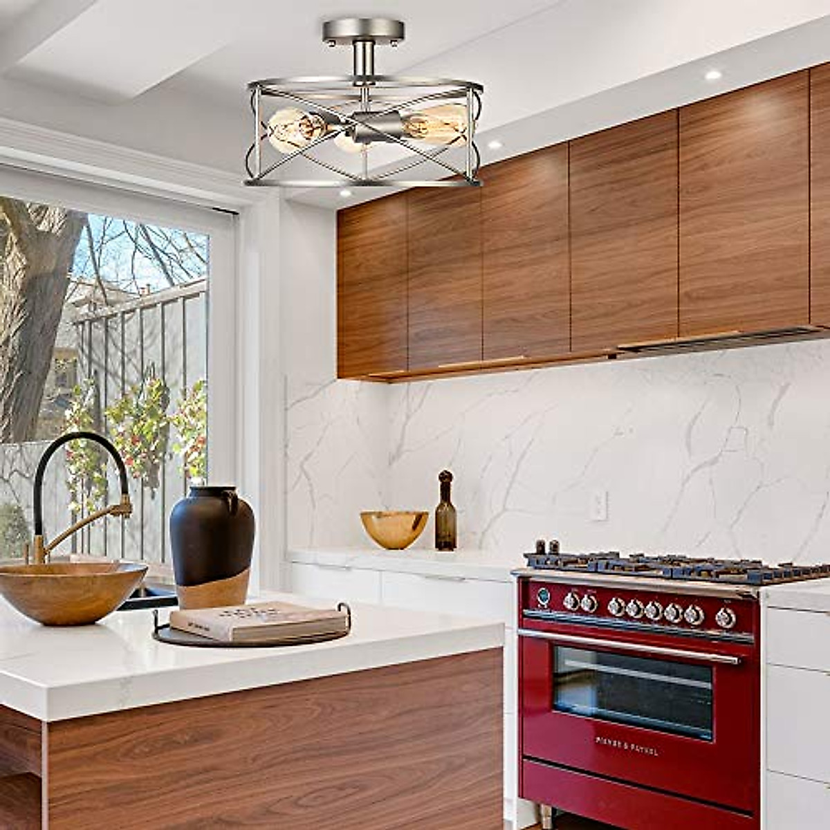 Capslpad Industrial Semi-Flush Mount Ceiling Light Vintage Close to Ceiling Lamp 3-Light Farmhouse Retro Metal Cage Ceiling Light Fixture for Bedroom Kitchen Foyer Hallway (Brushed Nickel)