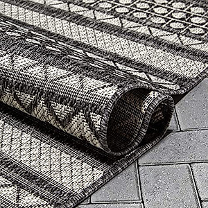 Well Woven Indoor/Outdoor Runner Rug 2'7" x 9'10" Arwen Black & Grey Moroccan Tribal Striped