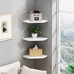 POCURBAN 12" Floating Corner Shelves Set of 3,Wall Mounted Storage Shelf with White Painted Finish for Small Plant, Photo Frame, Toys TV Accessories, Speaker, Cable Box, Game Console and More