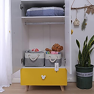 Fabric Storage Basket, Foldable Linen Storage Box for Nursery and Home, Collapsible Canvas Shelf Basket for Wardrobe or Bedroom, Grey and White