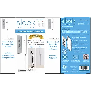 Sleek Socket - The Original & Patented Ultra-Thin Outlet Concealer with Cord Concealer Kit, 3 Outlet, 3-Foot Cord, Universal Size, UL Certified (Ideal for Kitchens, Small Spots & Behind Furniture)