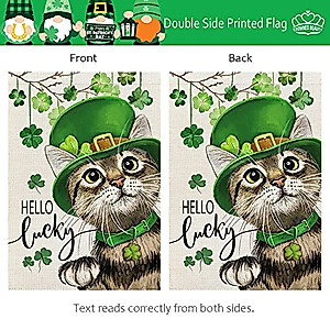 CROWNED BEAUTY St Patricks Day Cat Garden Flag 12x18 Inch Double Sided for Outside Small Hello Lucky Burlap Green Shamrocks Clovers Hat Yard Holiday Decoration