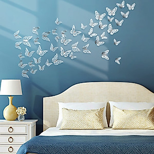 3D Butterfly Wall Decor Stickers Silver Butterfly Decorations Party, 48Pcs 4 Patterns 3 Sizes, Butterfly Cake Decorations Paper Butterflies Wall Decals for Kids Baby Nursery Room Bedroom Birthday