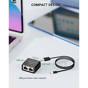 Ethernet Splitter, Gigabit RJ45 Ethernet Splitter 1 to 2, 1000Mbps Network Extension Connector with USB Power Cable, 8P8C Extender Plug for Cat5/5e/6/7/8 Cable (2 Devices Simultaneous Networking)