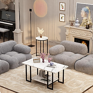 Lamerge 3 Pieces Living Room Table Set, Faux Marble Coffee Table with 2 Round End Side Tables, Coffee Table Set with Metal Frame for Apartment Home Office, White Black