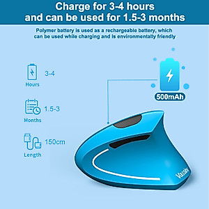 Vassink Ergonomic Mouse, Rechargeable Wireless Mouse, 2.4GHz Rechargeable Vertical Optical Mouse with USB Receiver, 6 Buttons for Laptop, PC, Computer (Blue)