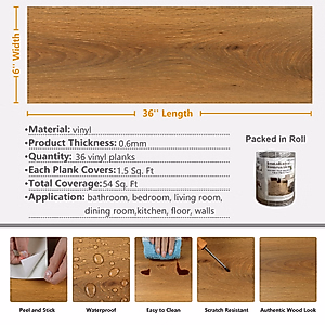 VEELIKE 36-Pack Natural Brown Wood Vinyl Plank Flooring 6''x36'' Peel and Stick Flooring Waterproof Wood Look Vinyl Flooring Self Adhesive Removable Floor Stickers for Bathroom Bedroom Kitchen