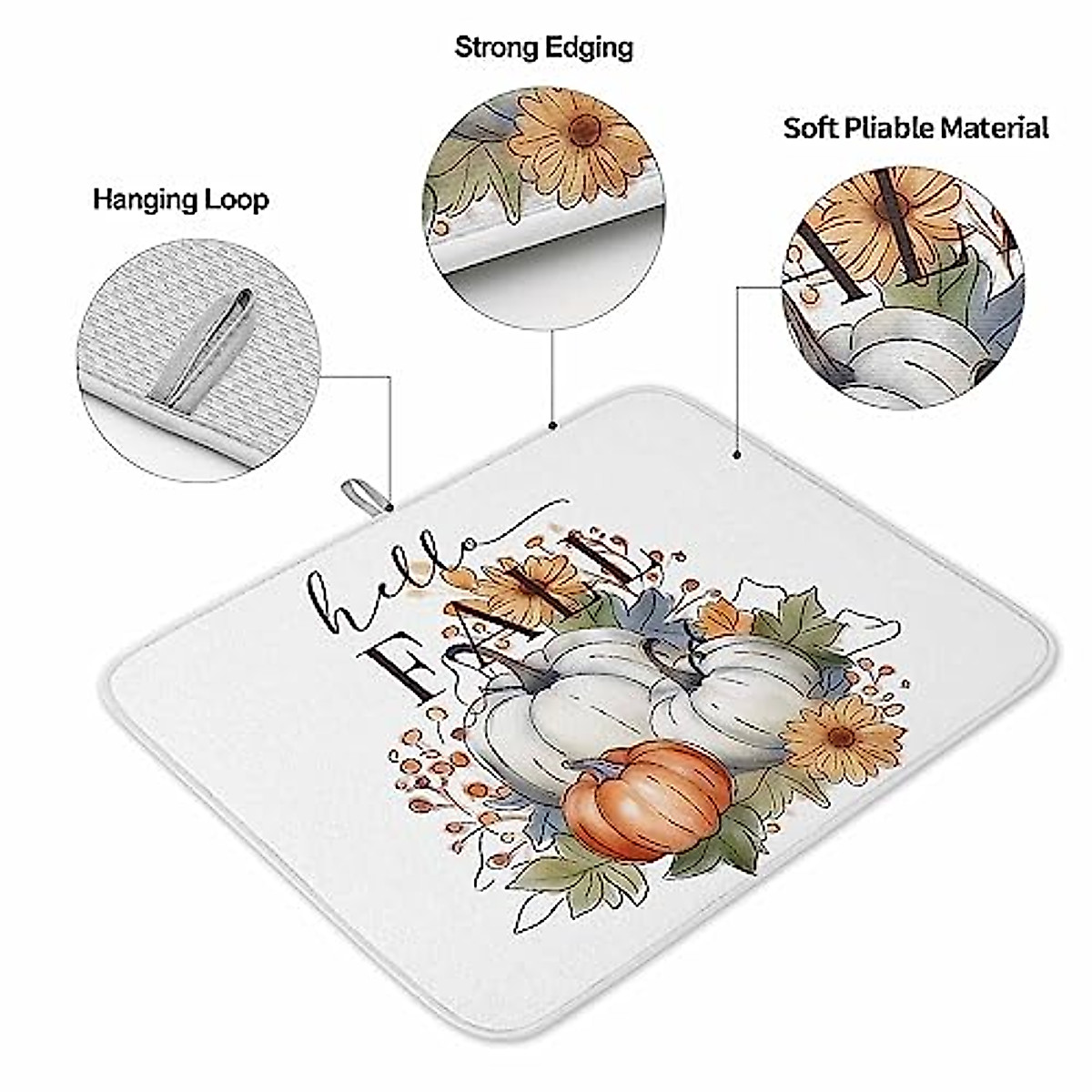 Hello Fall Dish Drying Mat for Kitchen Counter, Thanksgiving Grey Orange Pumpkins Baby Bottle Microfiber Drying Pad, Autumn Sunflower Botanical Absorbent Coffee Cup Dishes Drainer Mats 18"x24", 1 Pcs