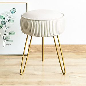 LUE BONA Pleated Vanity Stool, Velvet Upholstered Vanity Stool for Makeup Room, Round Mondern Stool for Vanity, Ottoman Footrest Stool with Metal Legs for Living Room, Bedroom, Beige
