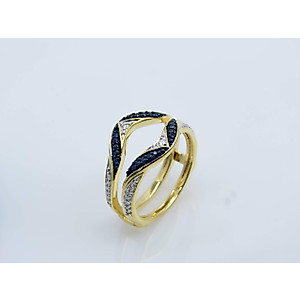 Dazzlingrock Collection Round Blue Sapphire & White Diamond Ladies Wedding Band Guard Double Ring in 14K Yellow Gold, Size 6
