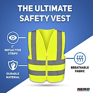 Neiko 53941A High Visibility Safety Vest with Reflective Strips | Size Large | Neon Yellow Color | Zipper Front | For Emergency, Construction and Safety Use