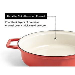 Misen Enameled Cast Iron Braiser Pan with Lid - Shallow Depth for Braising & Poaching - Durable Cookware - Oven Safe - Easy Handling - Chip-Resistant Enamel - Multi-Purpose Cooking - Red