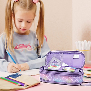 Bagseri Pencil Case for Kids - Expandable Cute Pencil Case for Girls Large Capacity Pencil Pouch Organizer for School Student Office Supplies, Pen Case Only (Purple, Mermaid Scale)
