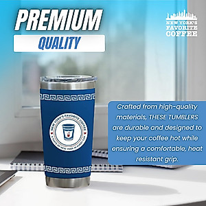 New York's Favorite Coffee New York Greek Anthora Style 20oz Blue Coffee Tumbler with Mag Lid - Logo - Spill-Proof Travel Mug with Clear Mag Lid