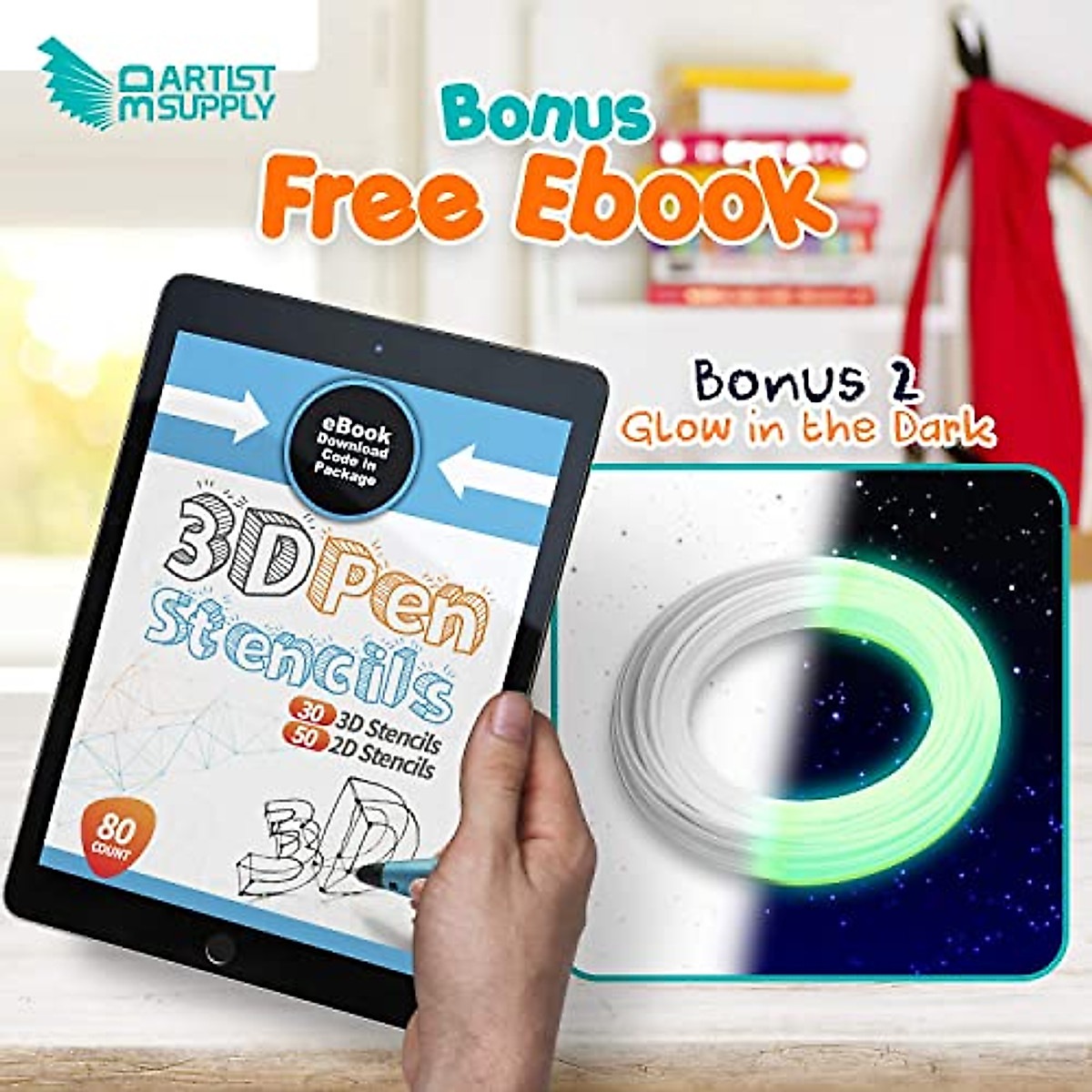 3D Pen Filament Refills - 1.75mm ABS Printer Refill Pack - 240 Linear Feet in 20 Foot Lengths Per Color - 80 Stencil E-Book & Bonus Glow in The Dark Color Included by 3D Artist Supply