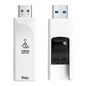 TCELL Push 128GB USB 3.2 Gen1(3.1/3.0) USB Flash Drive Read Speed up to 100MB/s, Retractable Design Memory Stick Thumb Drive, White