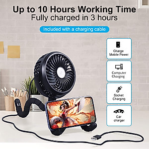 WGCC Mini Handheld Personal Portable Fan, Stroller Fan Clip On Baby with Flexible Tripod, Baby Stroller Fan USB or Battery Desk Fan with 3 Speeds Versatile Fan for Car Seat Crib Bike Desk (Black)